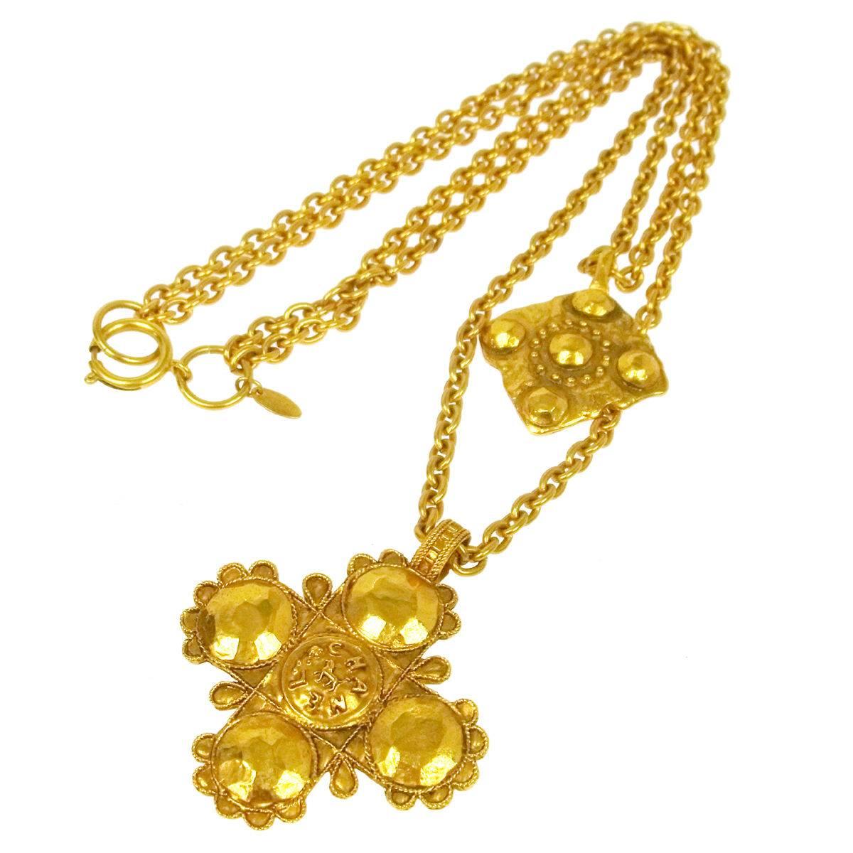 Chanel Vintage Gold Textured Double Cross Charm Lion Drape Necklace in ...