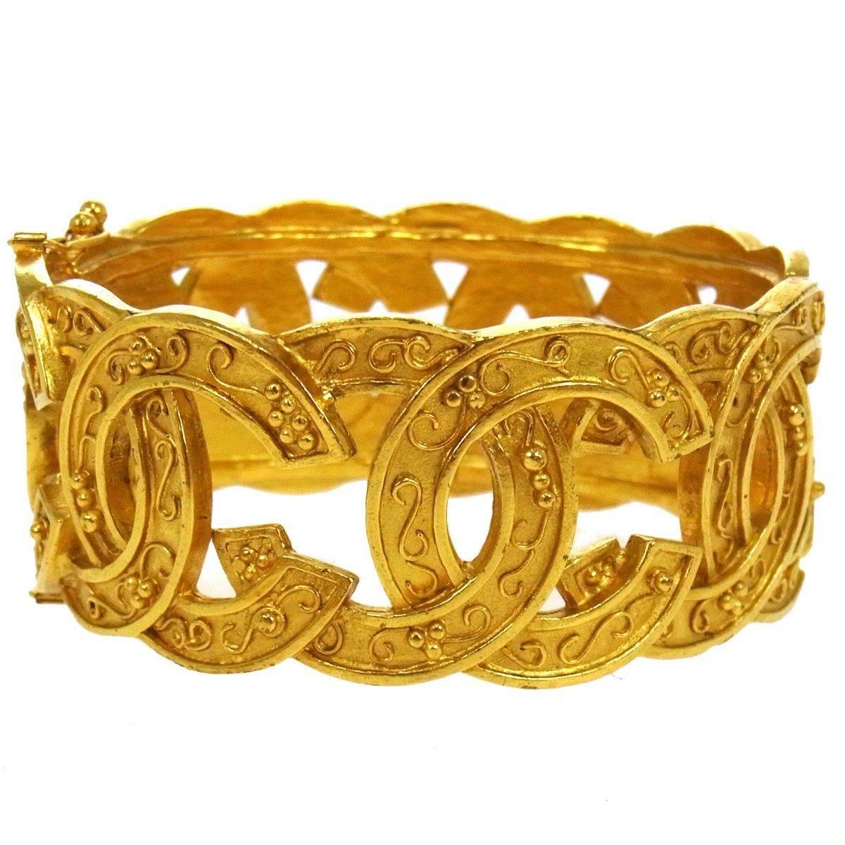 Chanel Vintage Gold Textured Charm Cuff Evening Bracelet at 1stDibs