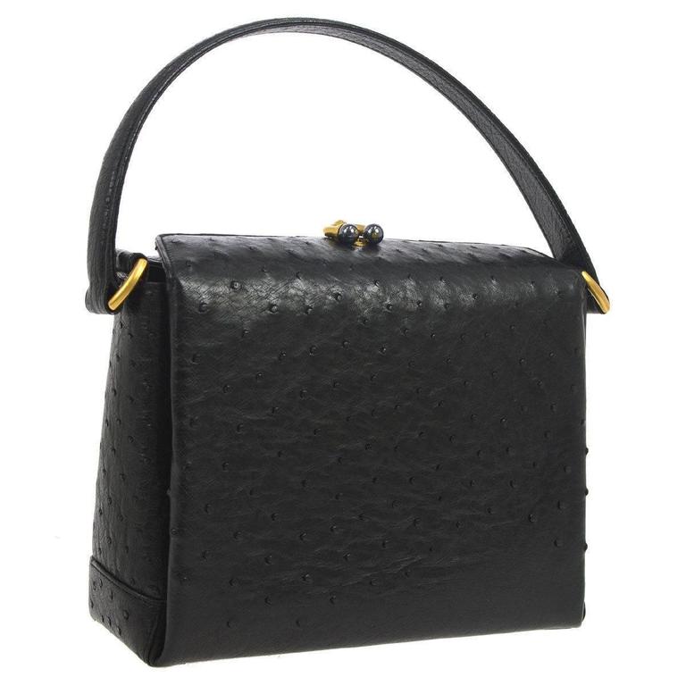 Gucci Vintage Black Ostrich Leather GHW Evening Top Handle Satchel ...
