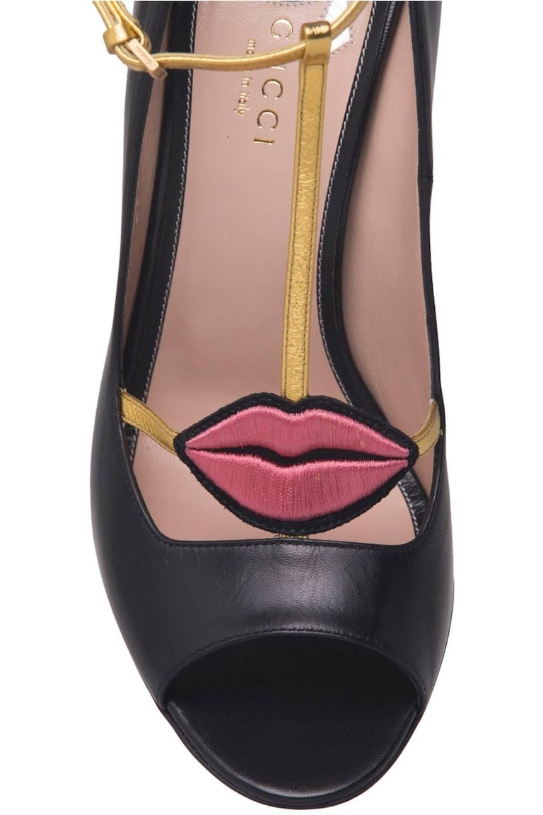 Gucci New Sold Out Black Leather Kiss Lips High Heels Sandals in Box at ...