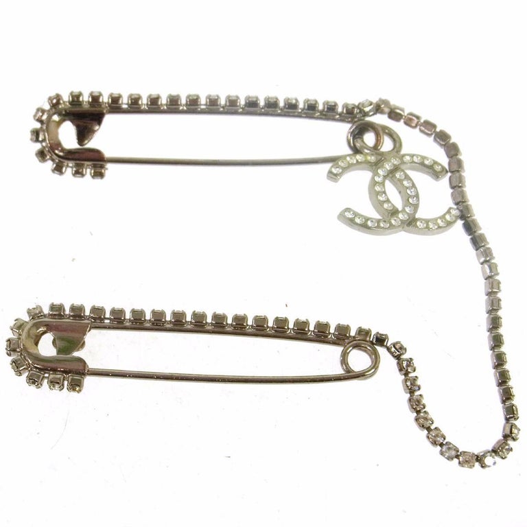 Chanel Silver Rhinestone Double Dual Chain Evening Safety Pin Brooch at ...