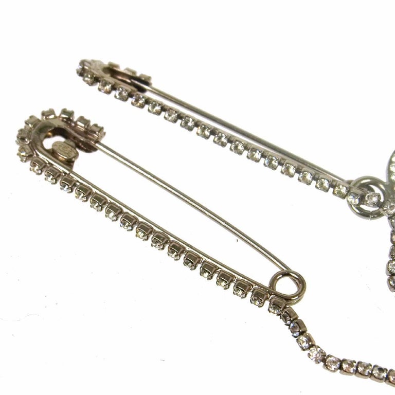 Chanel Silver Rhinestone Double Dual Chain Evening Safety Pin Brooch at ...