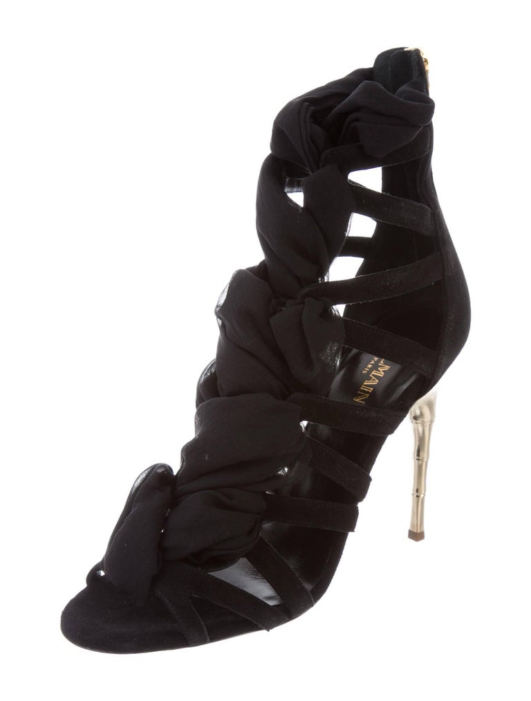 Balmain New Sold Out Runway Suede Chiffon Gold Heels Sandals Evening in ...