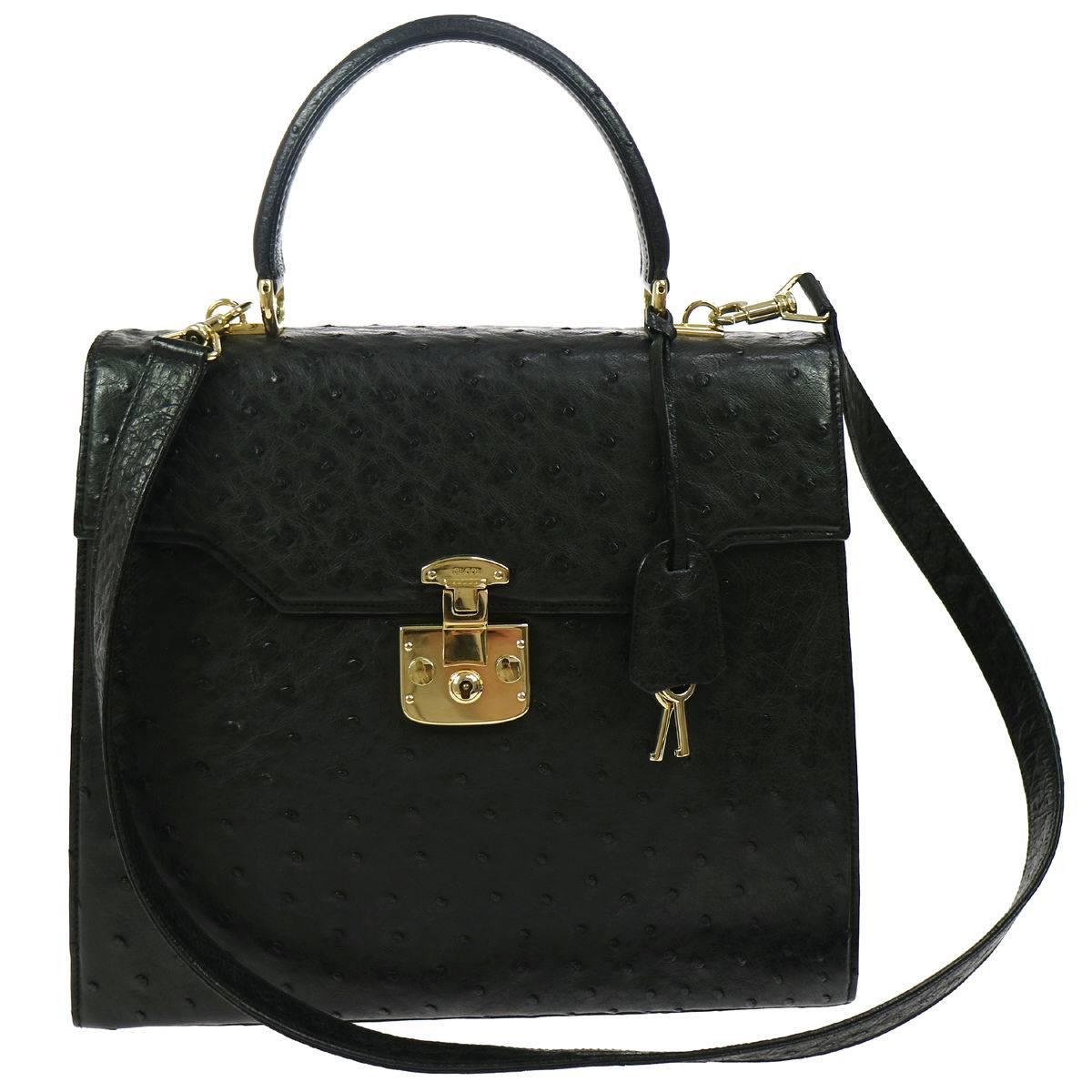 Gucci Black Ostrich Exotic Evening Kelly Style Top Handle Satchel ...