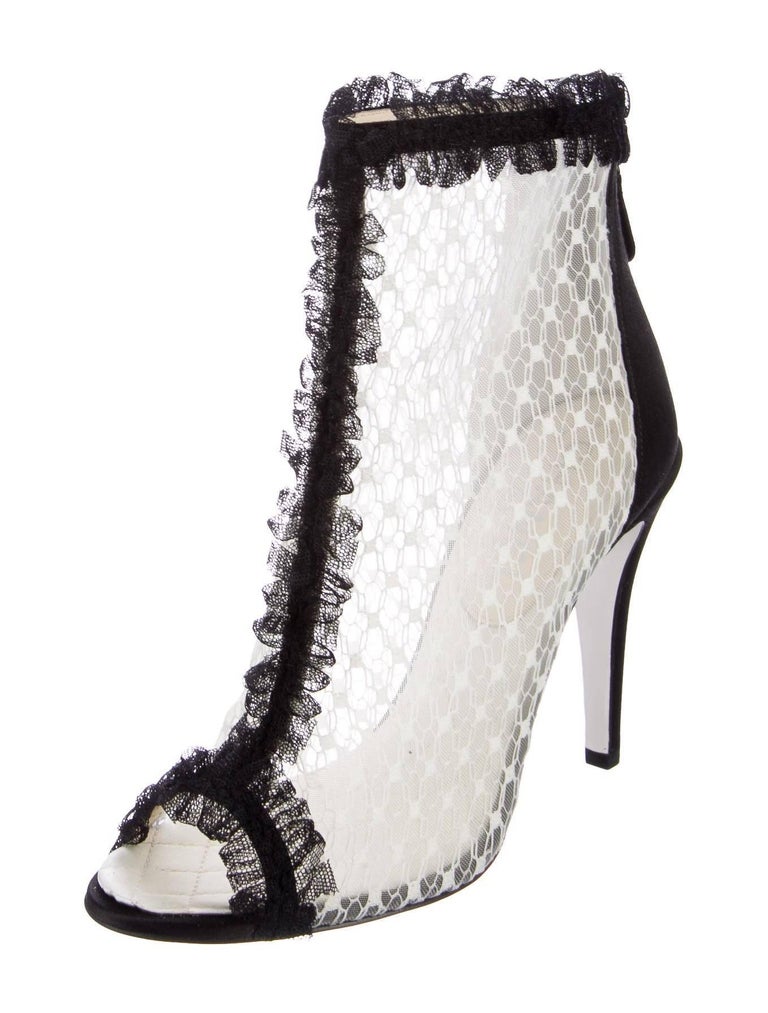 Chanel New Black Satin Lace Mesh Silver Charm Evening Ankle Booties ...