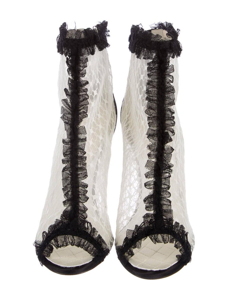 Chanel New Black Satin Lace Mesh Silver Charm Evening Ankle Booties ...