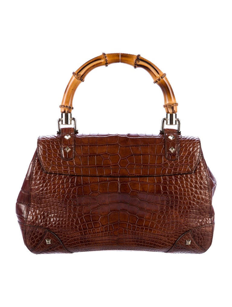 Gucci Cognac Brown Alligator Exotic Skin Leather Bamboo Evening Satchel ...