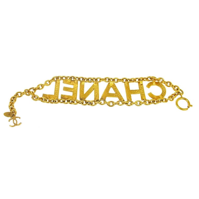 Chanel Gold "CHANEL" Charm Chain Link Evening Cuff Bracelet For Sale at ...
