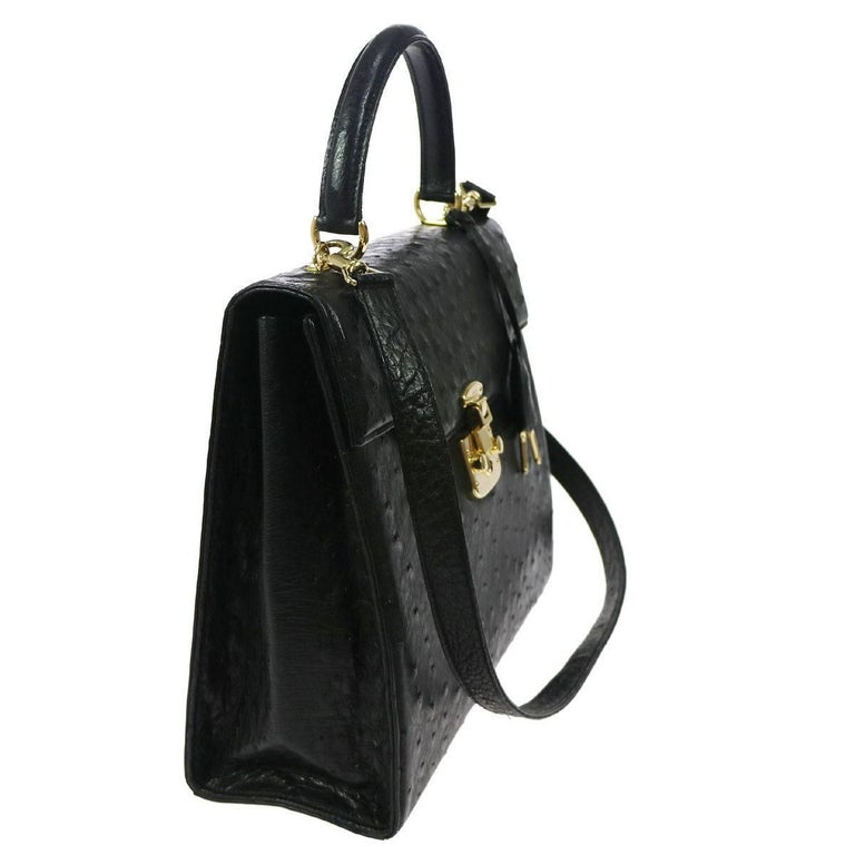 Gucci Black Ostrich Exotic Top Handle Satchel Kelly Style Shoulder Flap ...