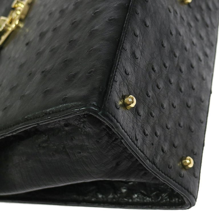 Gucci Black Ostrich Exotic Top Handle Satchel Kelly Style Shoulder Flap ...