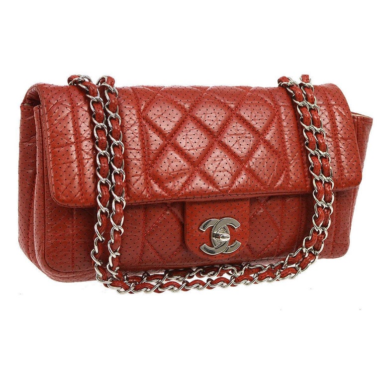 Chanel Red Perforated Leather Medium Evening Silver Shoulder Flap Bag ...
