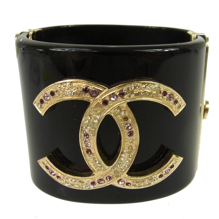 Chanel Black CC Charm Gold Pink Purple Silver Crystal Evening Cuff ...