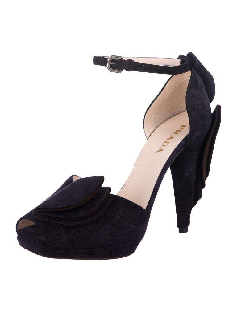 Prada NEW Midnight Blue Suede Ruffle Platform Evening Sandals Heels in ...