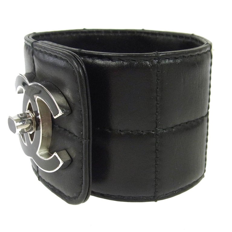Chanel Black Quilted Leather Silver Charm CC Men's Women's Cuff ...