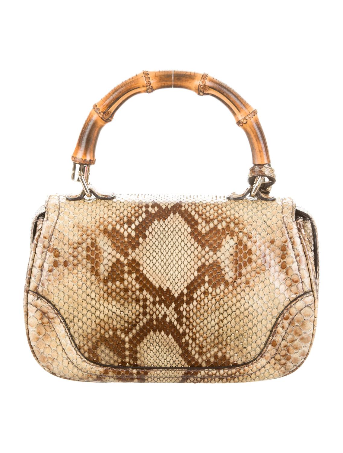 Gucci Nude and Brown Python Snakeskin Bamboo Top Handle Flap Satchel ...
