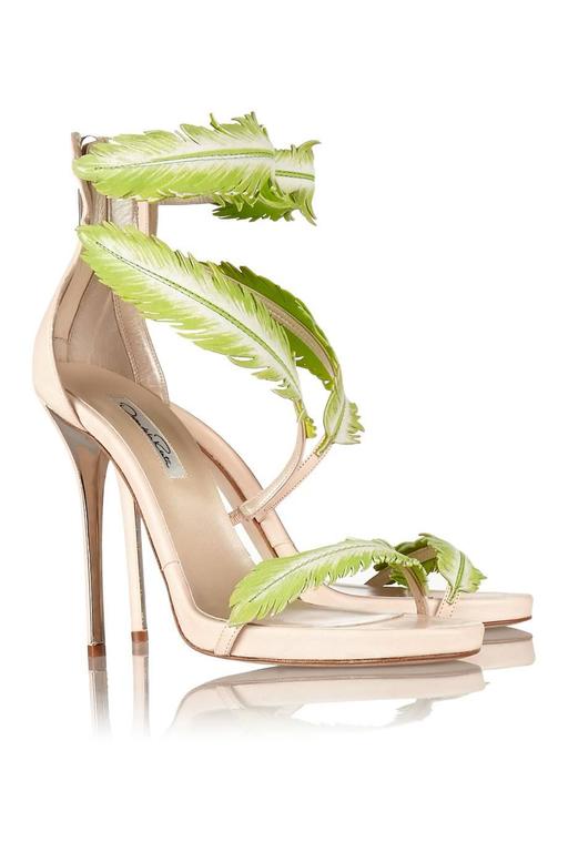 Oscar de la Renta NEW Nude Leather Green Floral Leaf High Heels Sandals ...