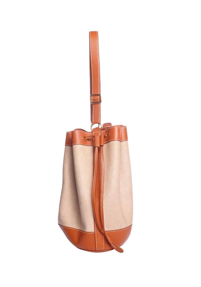Hermes Vintage Cognac Leather Canvas Bucket Drawstring Carryall ...