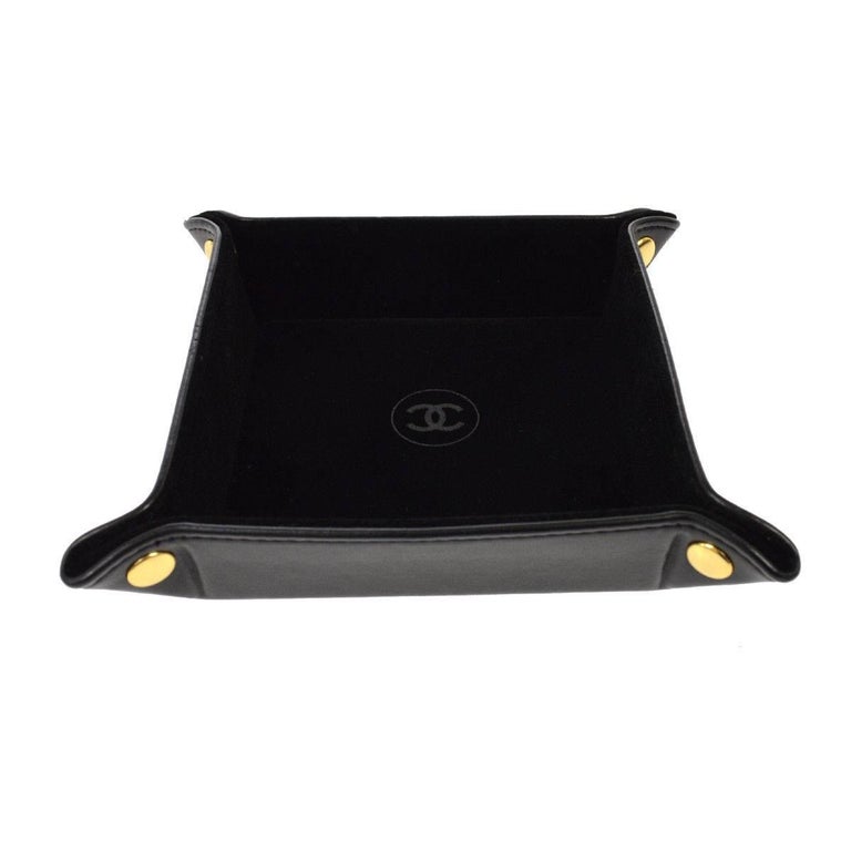 Chanel Black Leather Table Desk Vanity Jewelry Trinket Tray Case at ...