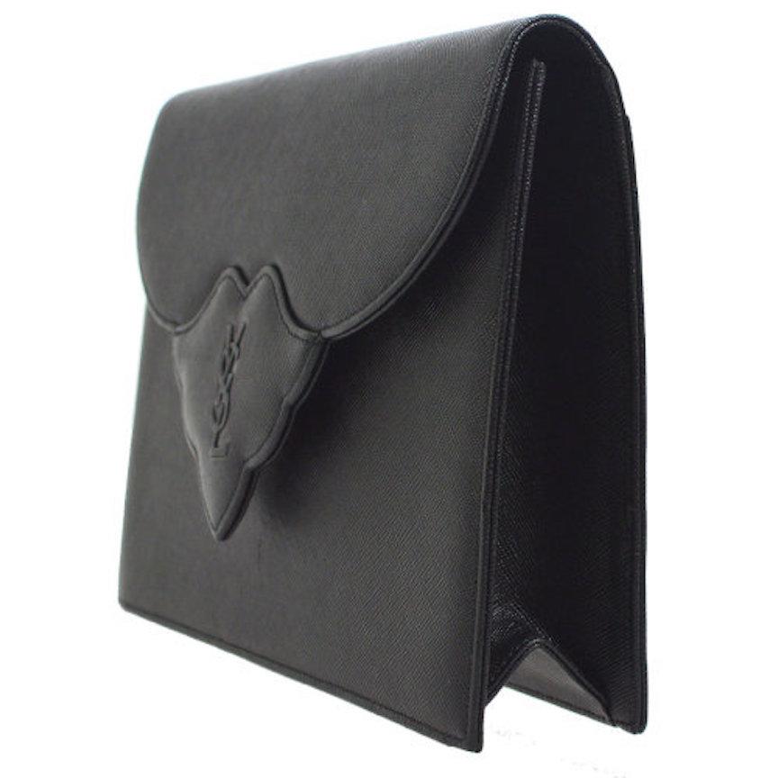 YSL Yves Saint Laurent Black Leather Envelope Evening Flap Clutch Bag ...