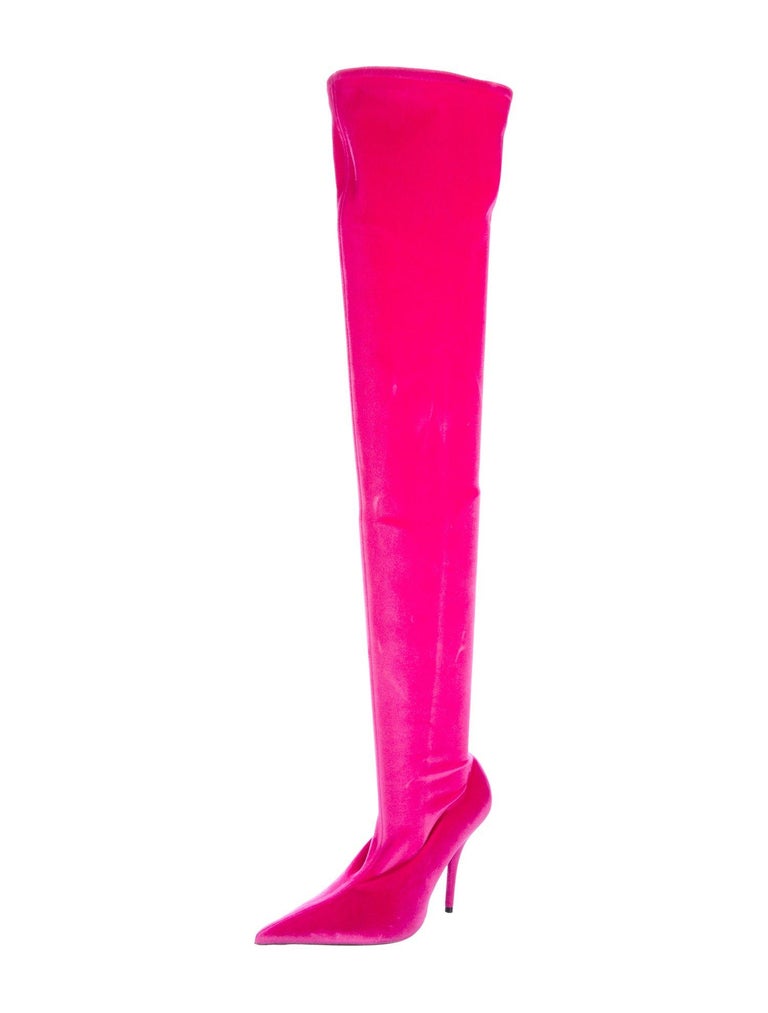 Balenciaga New Hot Pink Velvet Thigh High Evening Heels Boots For Sale