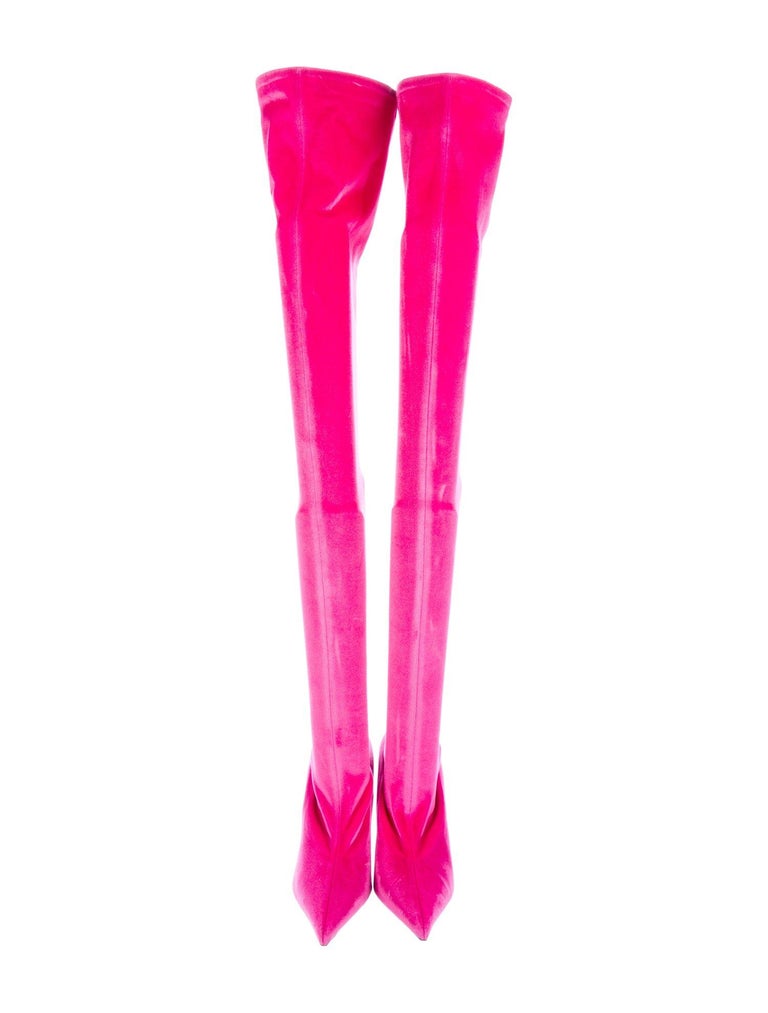Balenciaga New Hot Pink Velvet Thigh High Evening Heels Boots For Sale