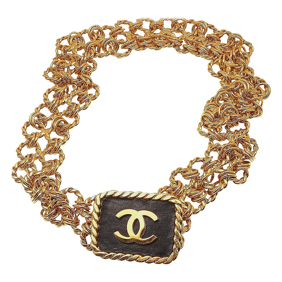 CHANEL Vintage French Signature Black Leather Belt Buckle Belt at 1stDibs