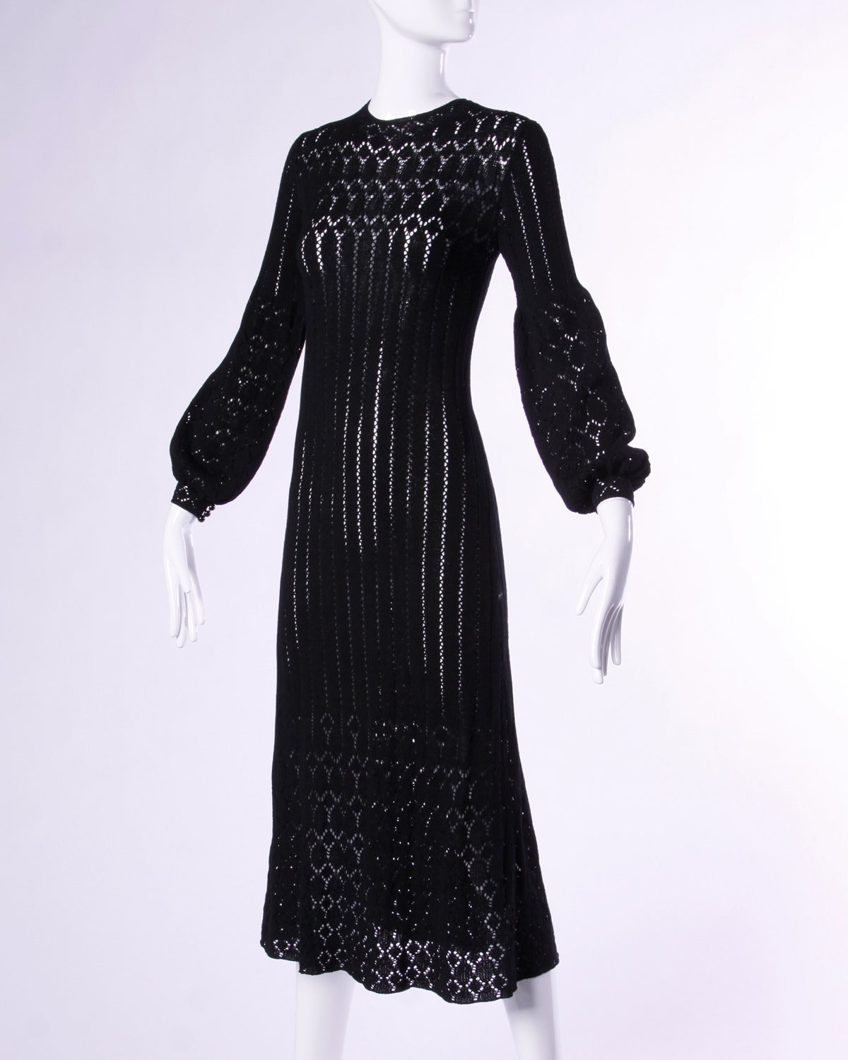 Adolfo Vintage 1970s 70s Black Crochet Lace Sheer Knit Dress at 1stDibs
