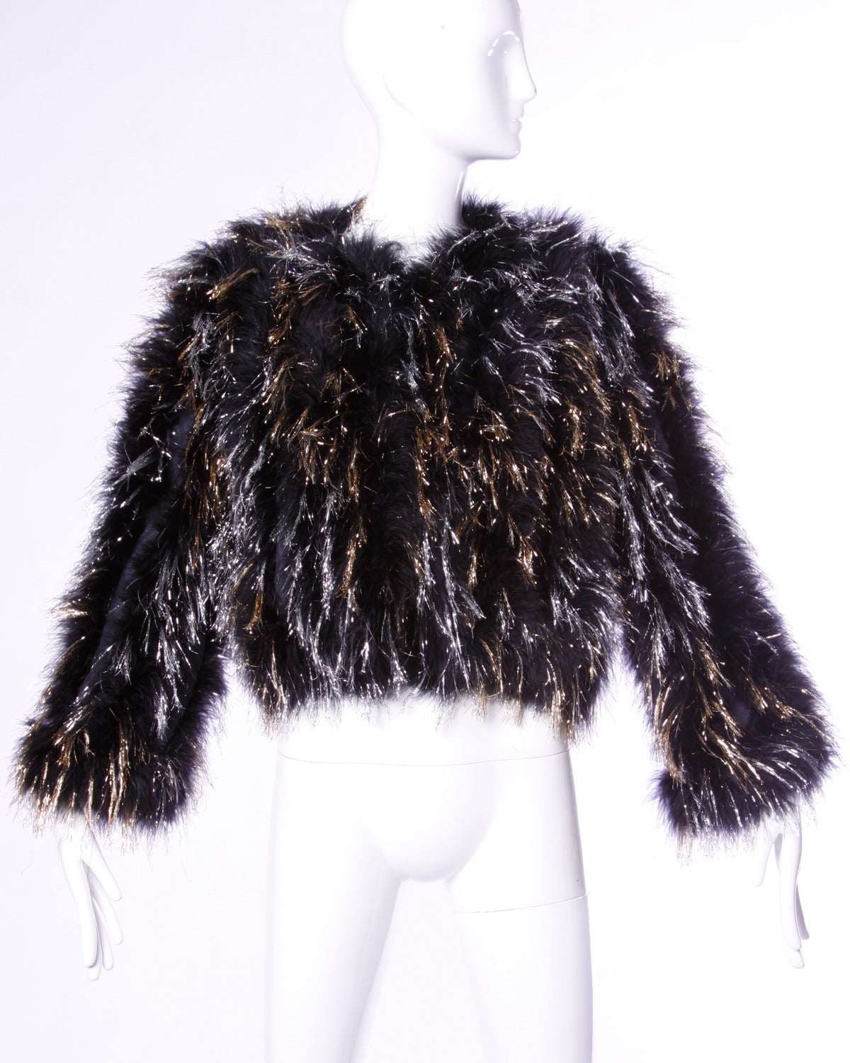 Vintage 1970s 70s Chubby Black Feather Jacket with Metallic Silver ...