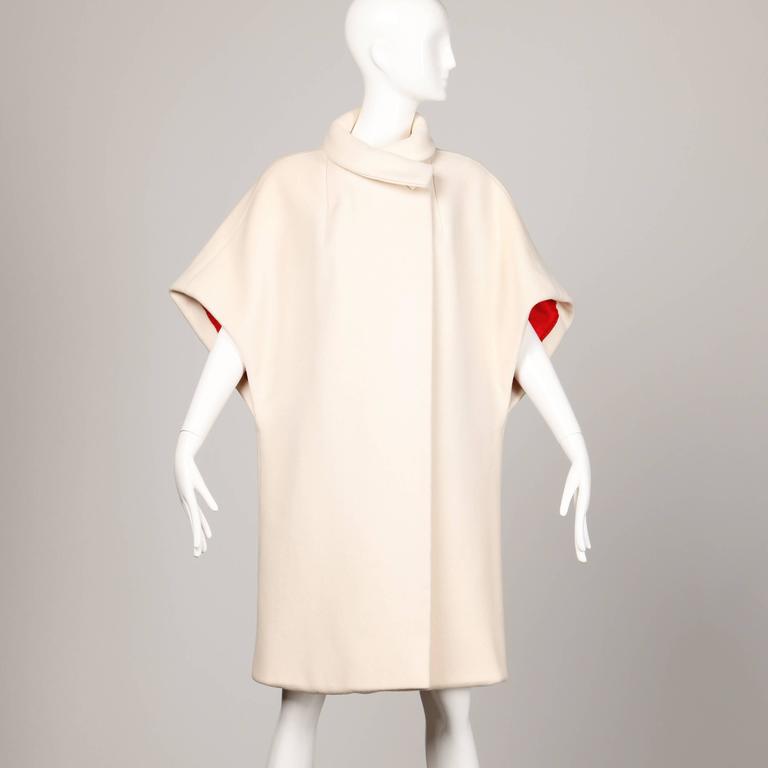 Via Veneto 1960s Vintage Ivory Italian Wool Cape Coat with Cherry Red ...
