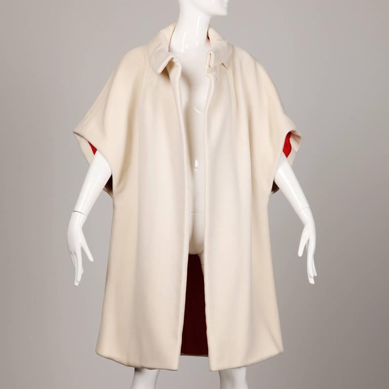 Via Veneto 1960s Vintage Ivory Italian Wool Cape Coat with Cherry Red ...