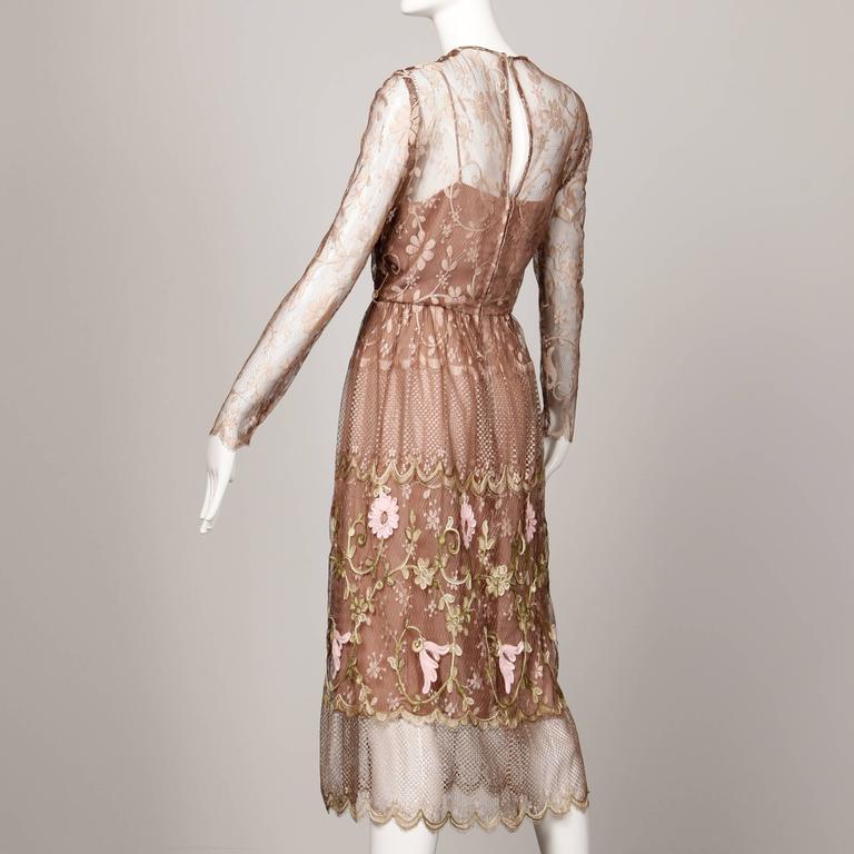 Capriccio Vintage Taupe Embroidered Flower Lace Dress with Scalloped ...