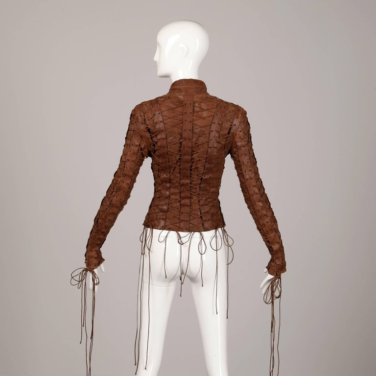 Faycal Amor pour Plein Sud Veste Moto en cuir marron avec lacets et ...