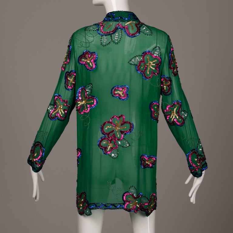 1980s Fabrice Vintage Green Sheer Silk Sequin + Beaded Jacket or ...