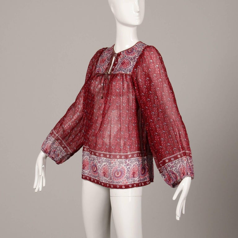 Indian Print Thin Cotton Gauze Vintage Peasant Top or Shirt, 1970s at ...