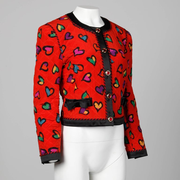 1990s Escada Vintage Red Silk Heart Print Quilted Jacket with Jewel ...