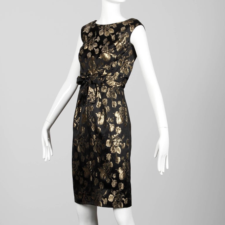 1960s Vintage Metallic Gold + Black Satin Cocktail Sheath Dress at ...