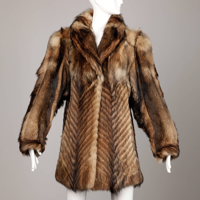 Vintage Brown + Beige Feathered Chevron Wolf Fur Short Car Coat or ...