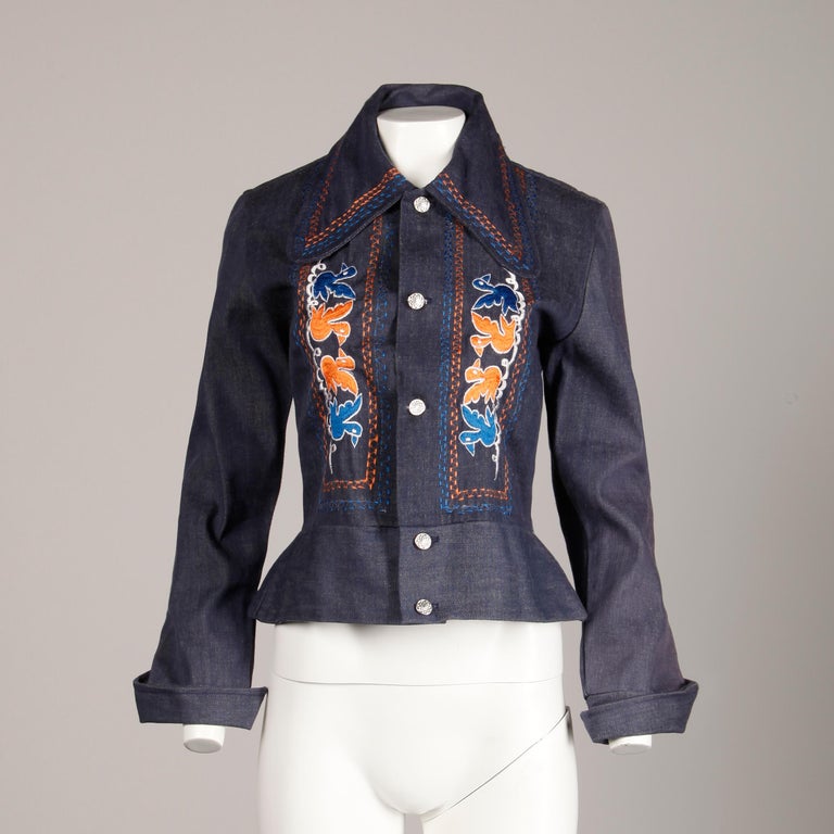 1970s Vintage Hippie Denim Jean Jacket with Orange + Blue Bird ...