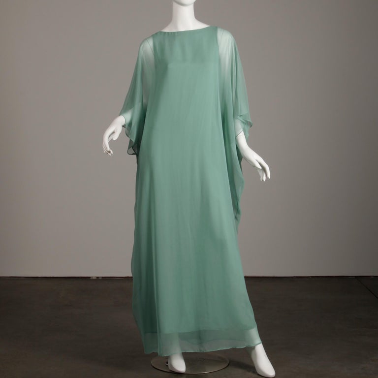 Albert Capraro Vintage Mint Sea Green Chiffon Caftan Maxi Dress or Gown ...