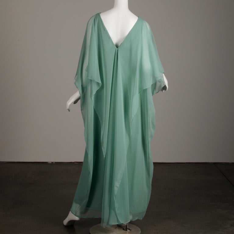 Albert Capraro Vintage Mint Sea Green Chiffon Caftan Maxi Dress or Gown ...