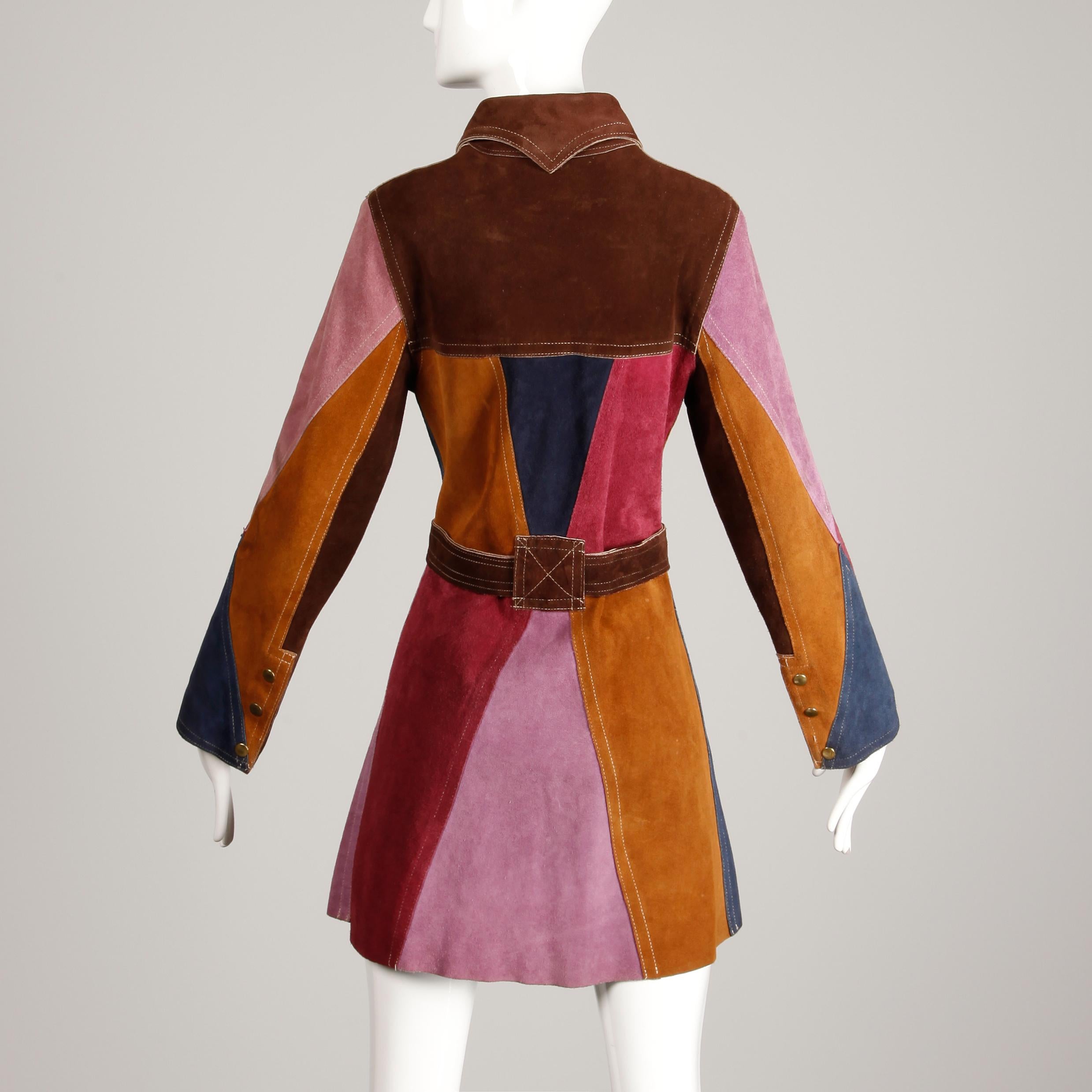 1970s Vintage Color Block Suede Leather Boho Coat with Snaps and Belt ...