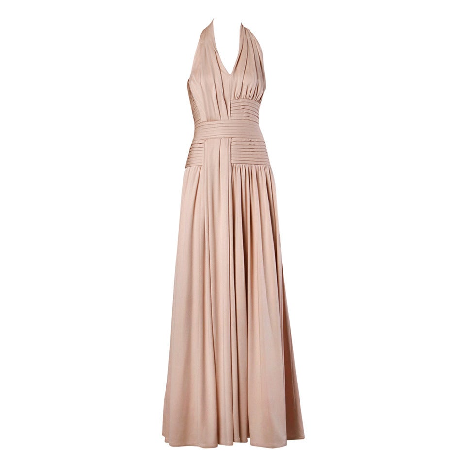 Rizkallah for Don Friese Vintage 1970s Nude Silk Jersey Halter Gown at ...