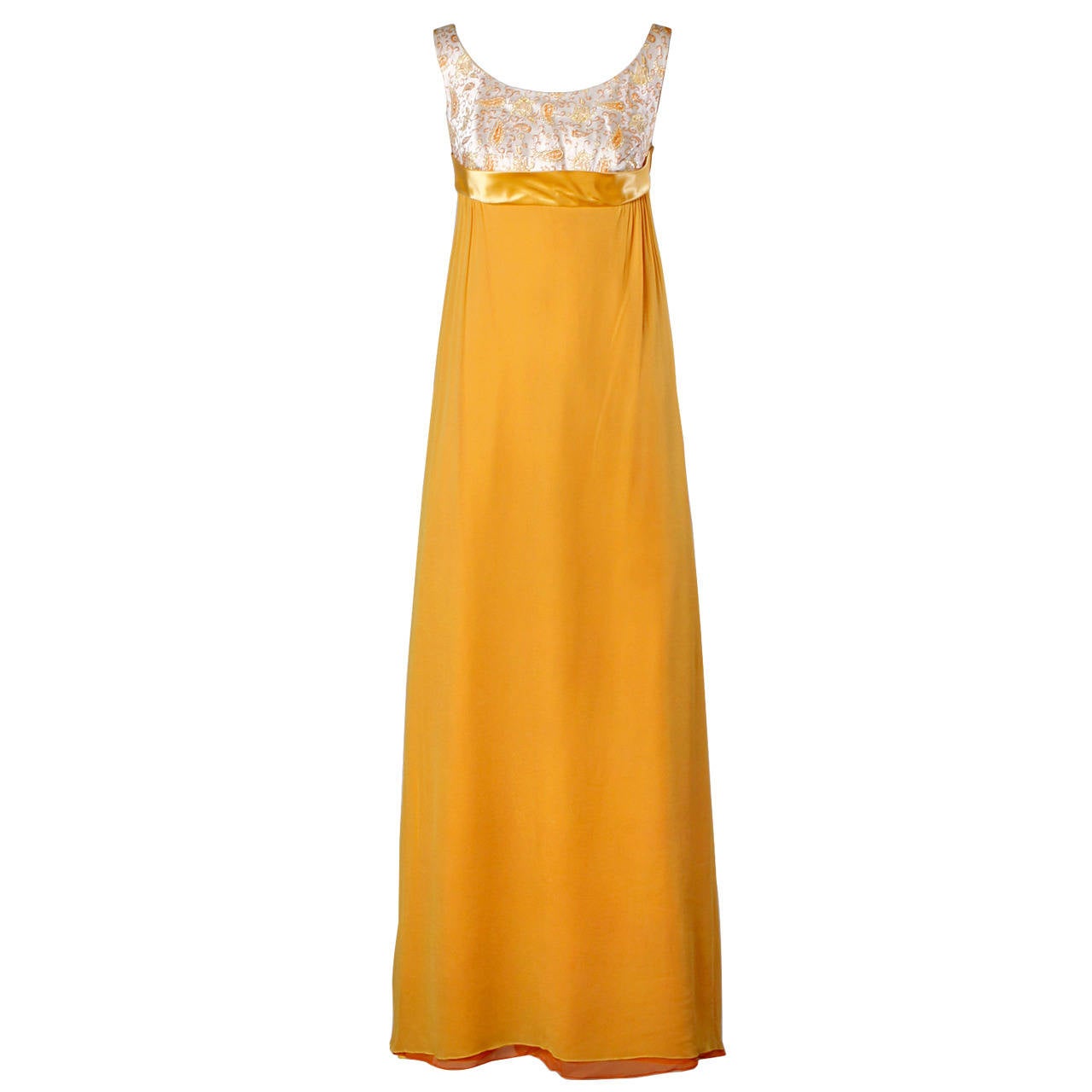 1960s Vintage Citrus Silk Chiffon Empire Maxi Dress with Color Block ...