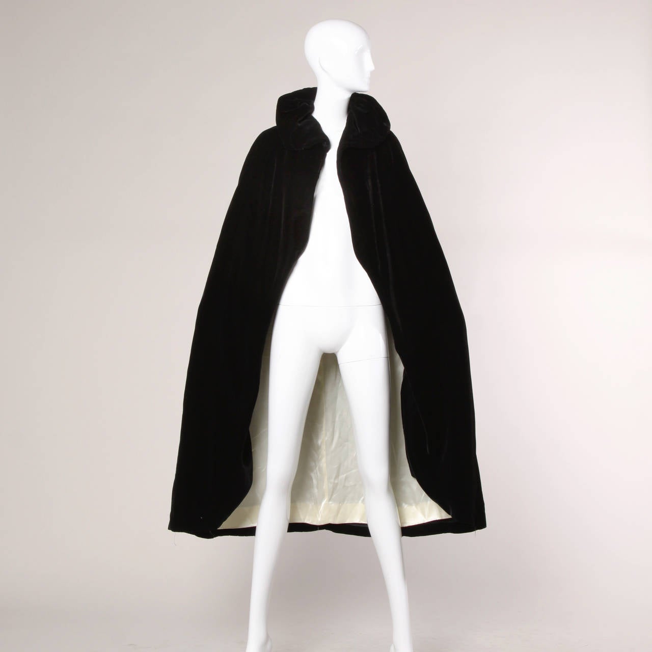 Vintage Black Silk Velvet Hooded Cape Coat at 1stDibs