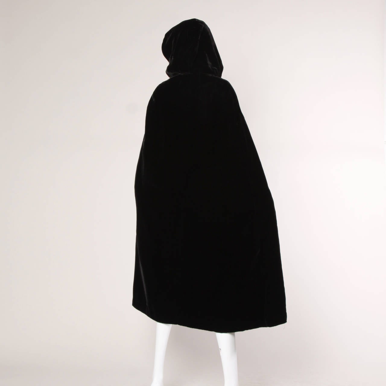 Vintage Black Silk Velvet Hooded Cape Coat at 1stDibs
