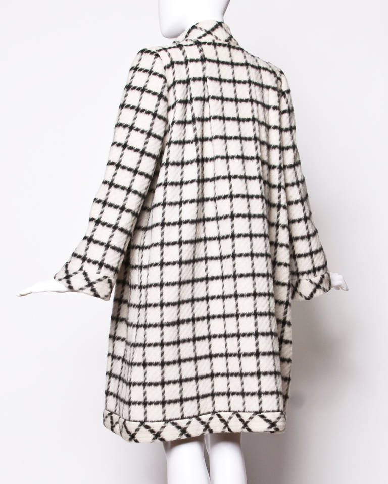 Pauline Trigere Vintage Black + White Wool Window Pane Mod Swing Coat ...