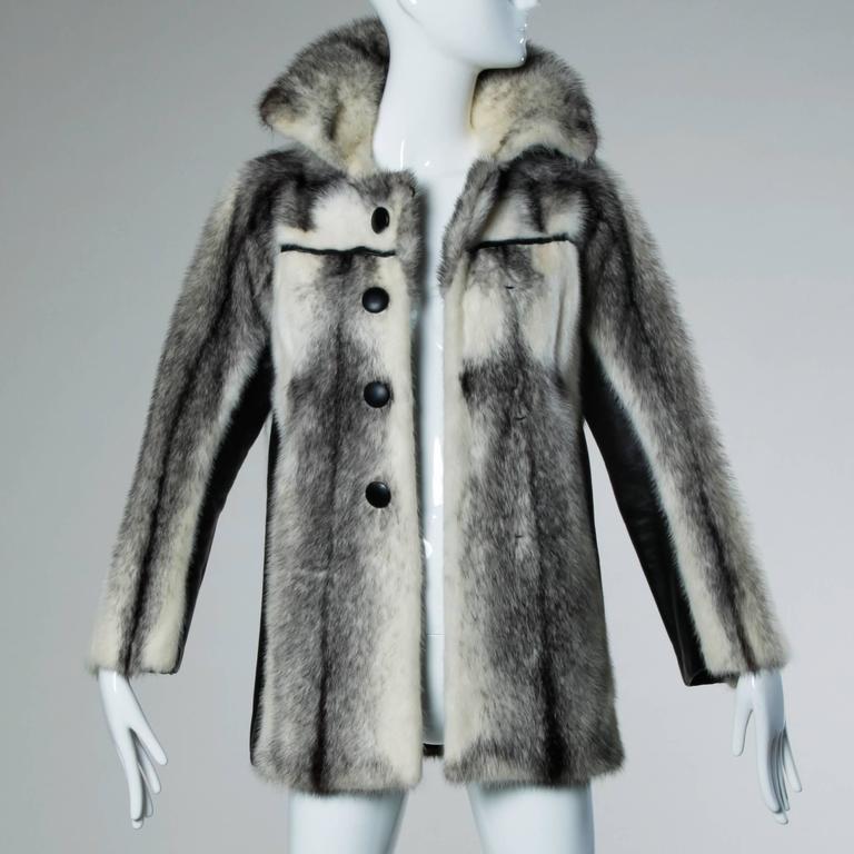 Black + White Vintage Cross Mink Fur + Leather Coat or Jacket at ...