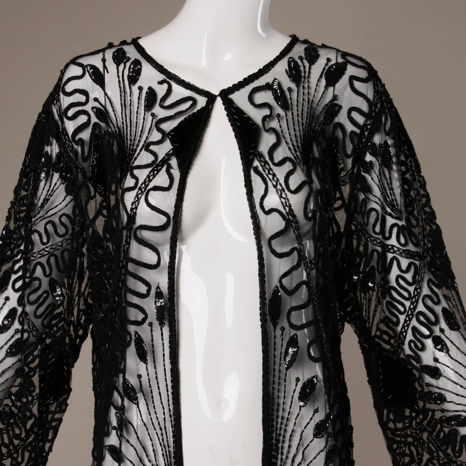 Vintage Long Sheer Black Mesh Sequin + Beaded Duster Coat at 1stdibs