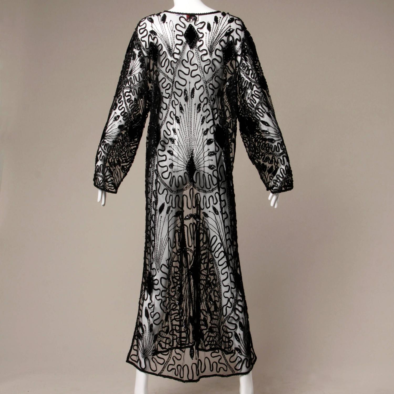 Vintage Long Sheer Black Mesh Sequin + Beaded Duster Coat at 1stdibs