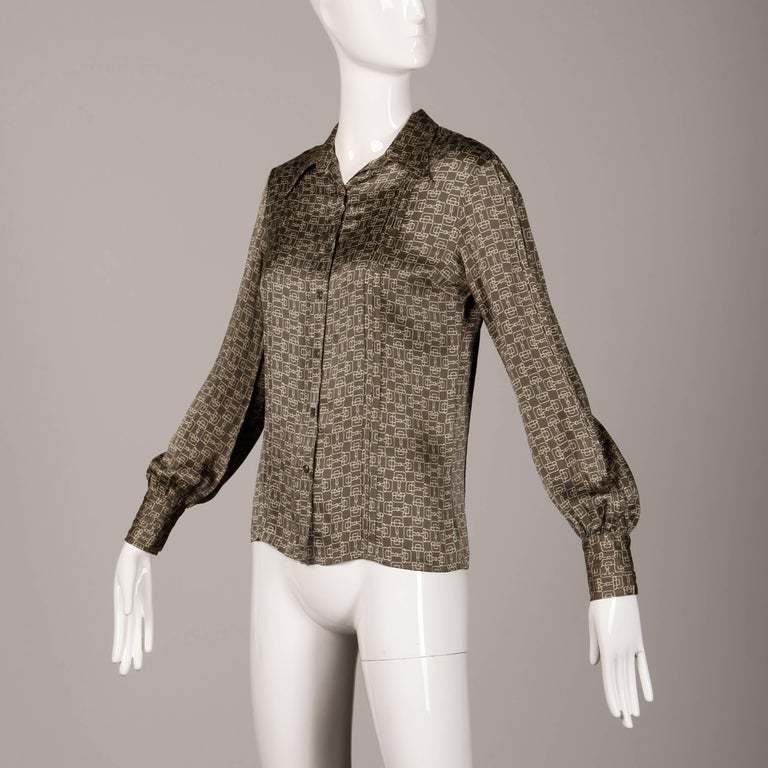1970s Gucci Vintage Silk Button Up Blouse Top with Horse Bit Print at ...